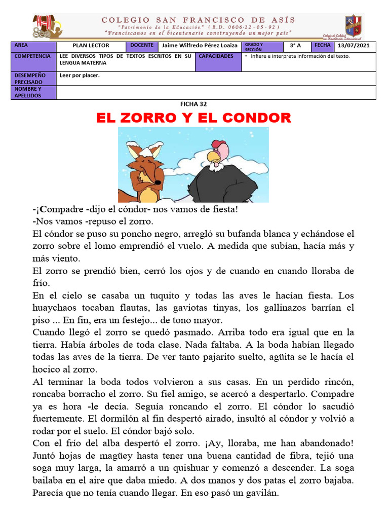 Fábula: El zorro y el cóndor | PDF