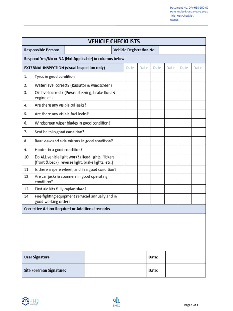 Checklist - Vehicles - 2021 | PDF