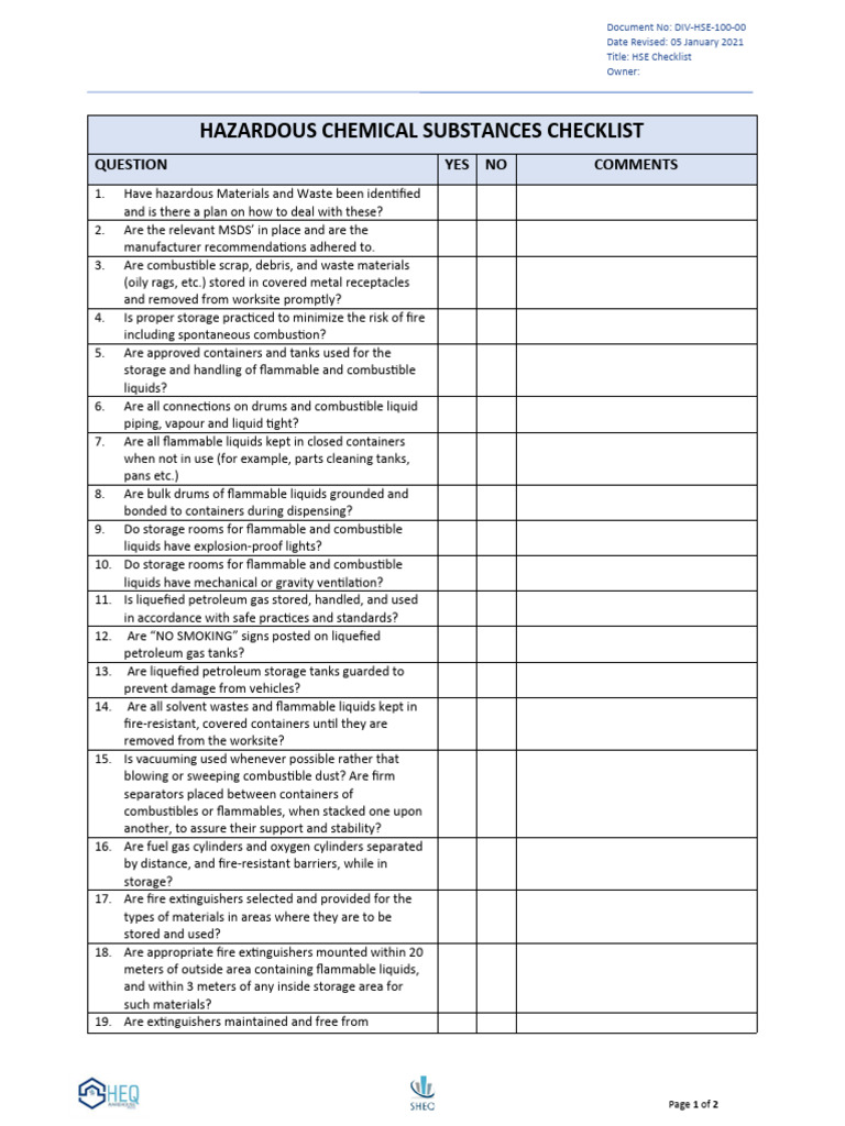 Hazardous Chemical Safety Checklist | PDF | Combustion | Fires