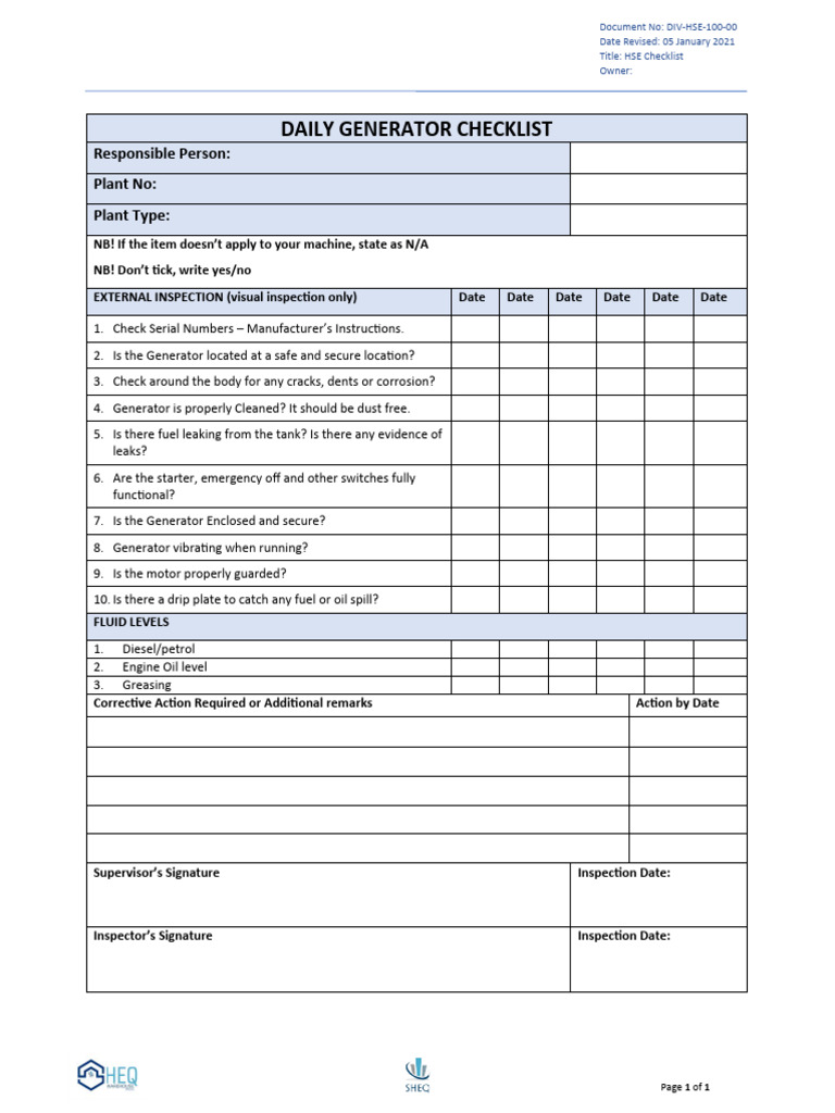 Checklist - Generator Inspection - 2021 | PDF