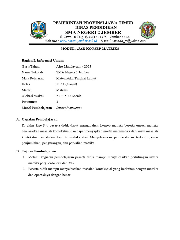 Modul Ajar Matriks SMA Jember 2023 | PDF | Karier & Perkembangan ...