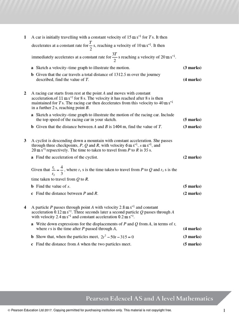 As Applied Unit 7 Kinematics 1 (Constant Acceleration) QP | PDF | Acceleration | Velocity
