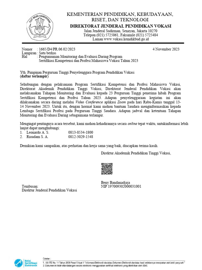 1665 - Pengumuman Monev Daring Program Sertikom Mahasiswa Vokasi Tahun 2023 | PDF