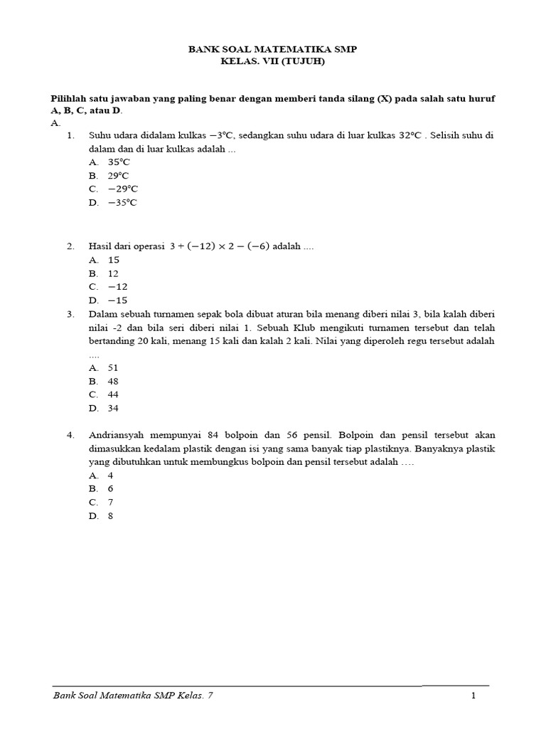 Bank Soal Matematika SMP Kls.7 | PDF | Metode & Bahan Ajar