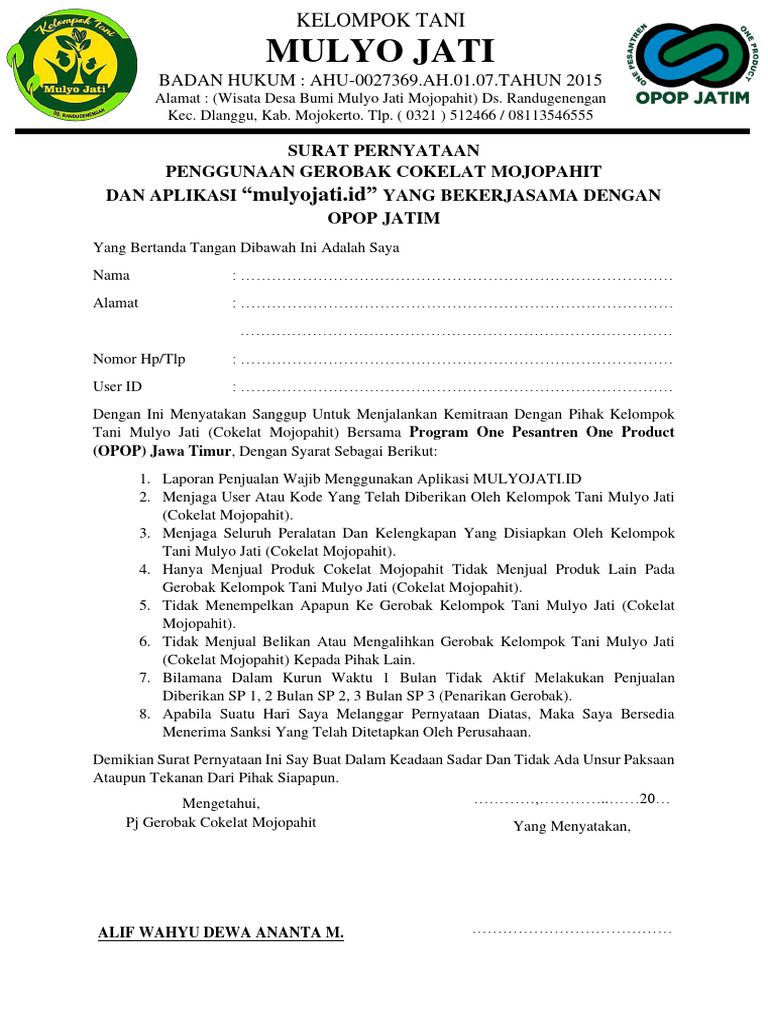 Surat Pernyataan Kemitraan 1000 Gerobak Opop Jatim 2021 | PDF | Bisnis