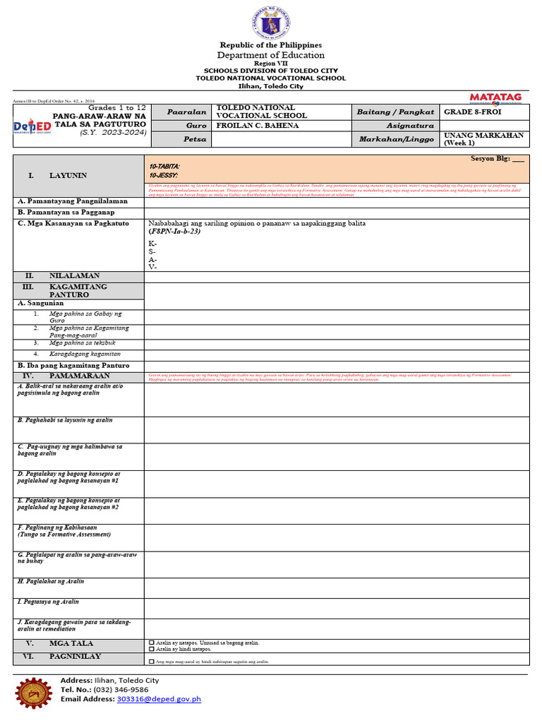 1 Day Lesson Log (Filipino) | PDF