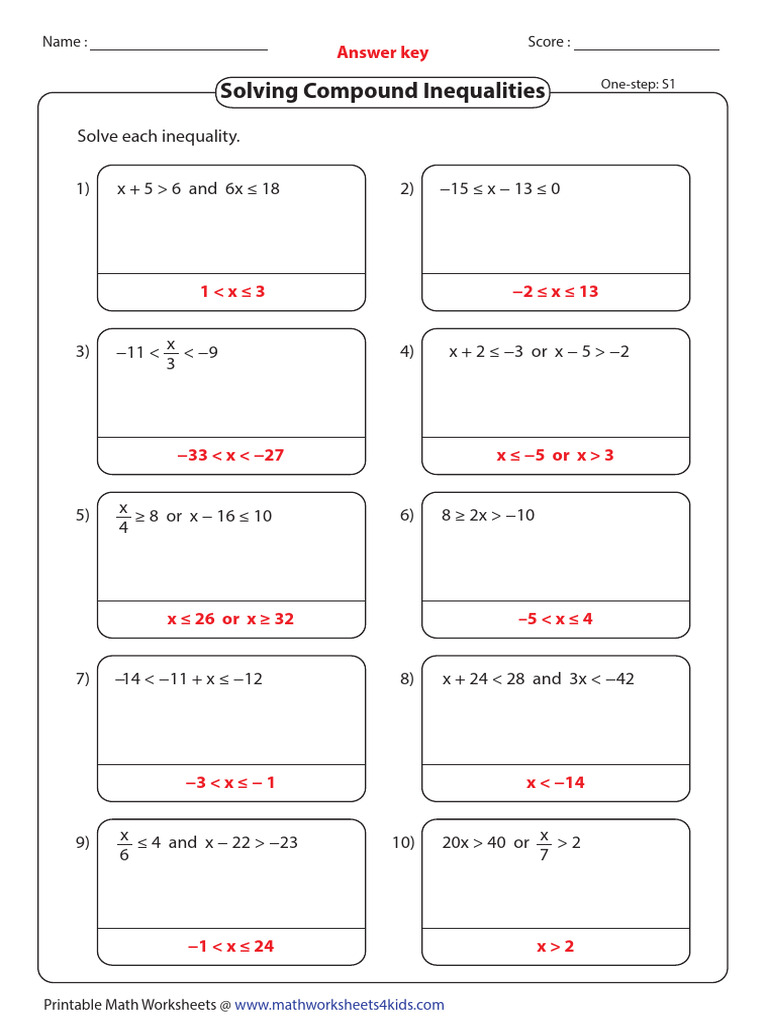 Solve-One-Step Compound Inequalities Answer Key | PDF
