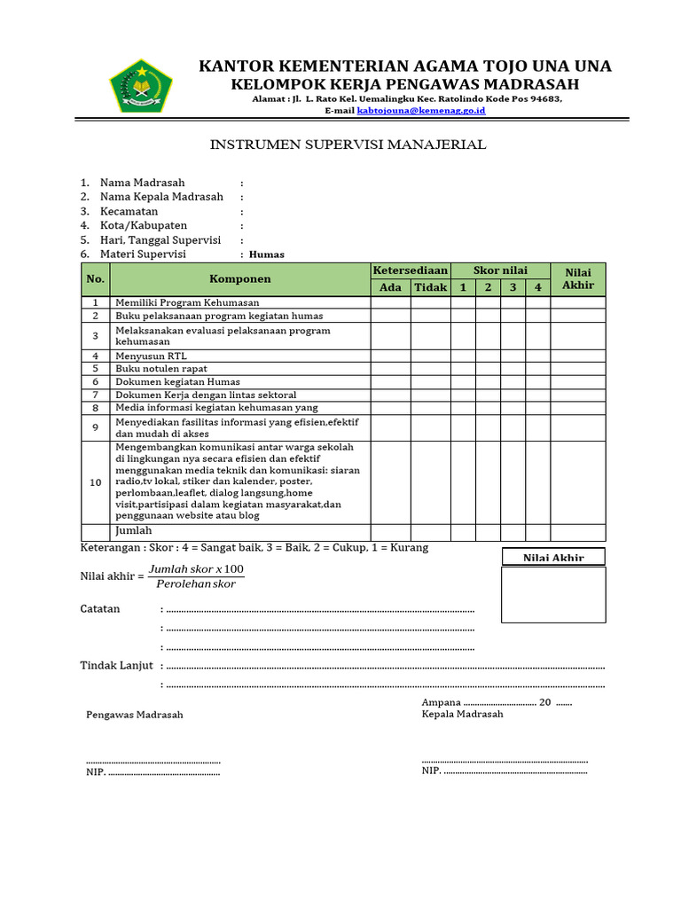Instrumen Supervisi Manajerial Humas | PDF