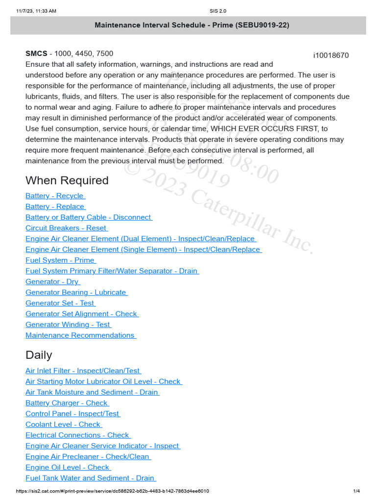 OMM-Maintenance Interval Schedule - Prime (SEBU9019-22) | PDF | Electric Generator | Engines