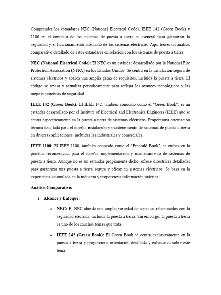 comparativa entre los estándares NEC, IEEE 142 (Libro Verde) y 1100 ...