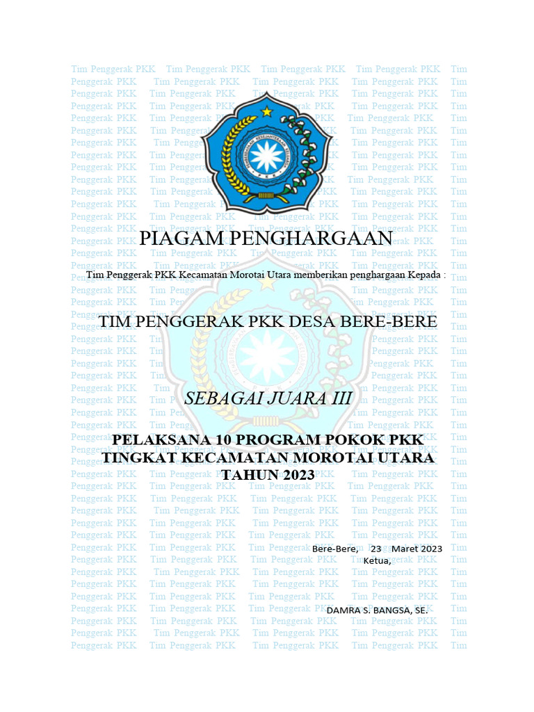 PIAGAM 10 POKOK PKK (LOGO WARNA) Juara I | PDF