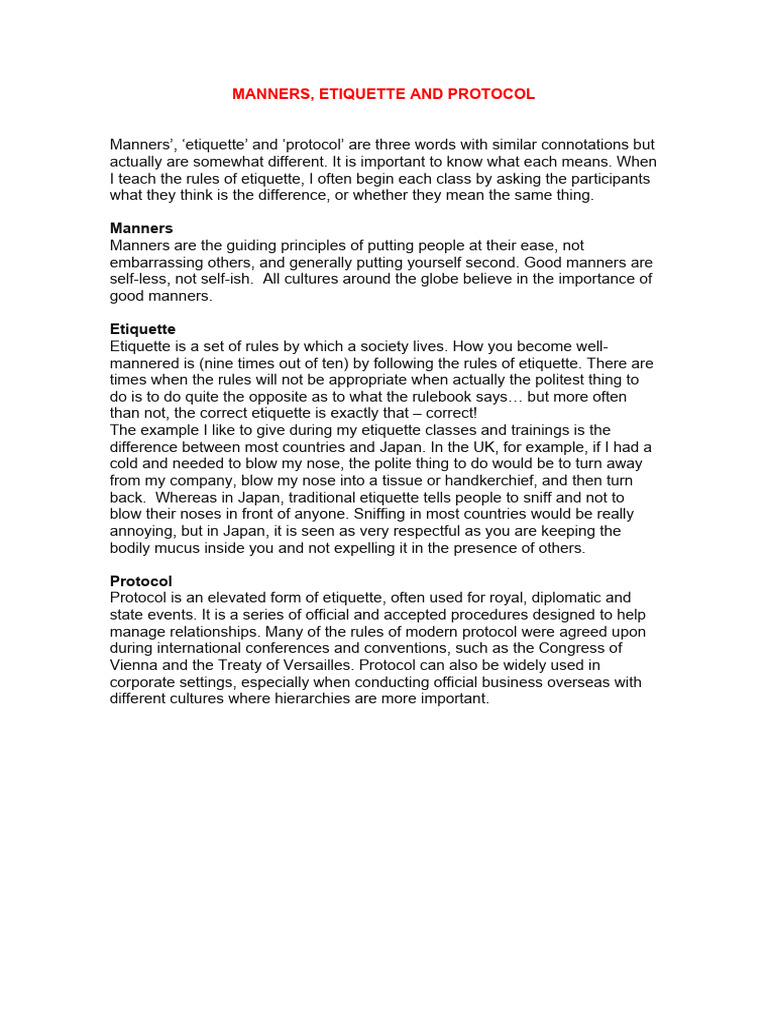 Manners, Etiquette and Protocol | PDF | Etiquette