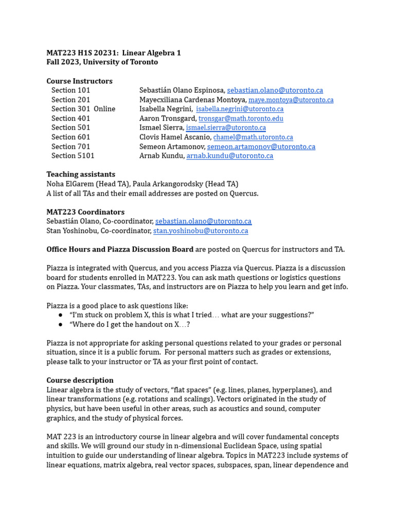 MAT223 Syllabus Fall 2023 | PDF | Eigenvalues And Eigenvectors | Matrix (Mathematics)