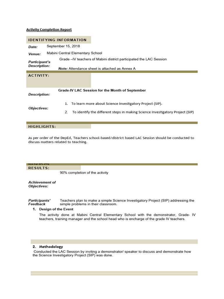 Activity Completion Report Lac Session | PDF | Cognitive Science | Pedagogy