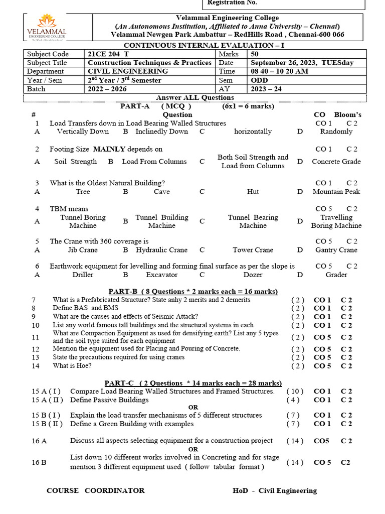 CIE 1 QP 2nd Set CTP BE Civil Engg 3rd Sem SEP 2023 | PDF | Crane (Machine) | Tunnel