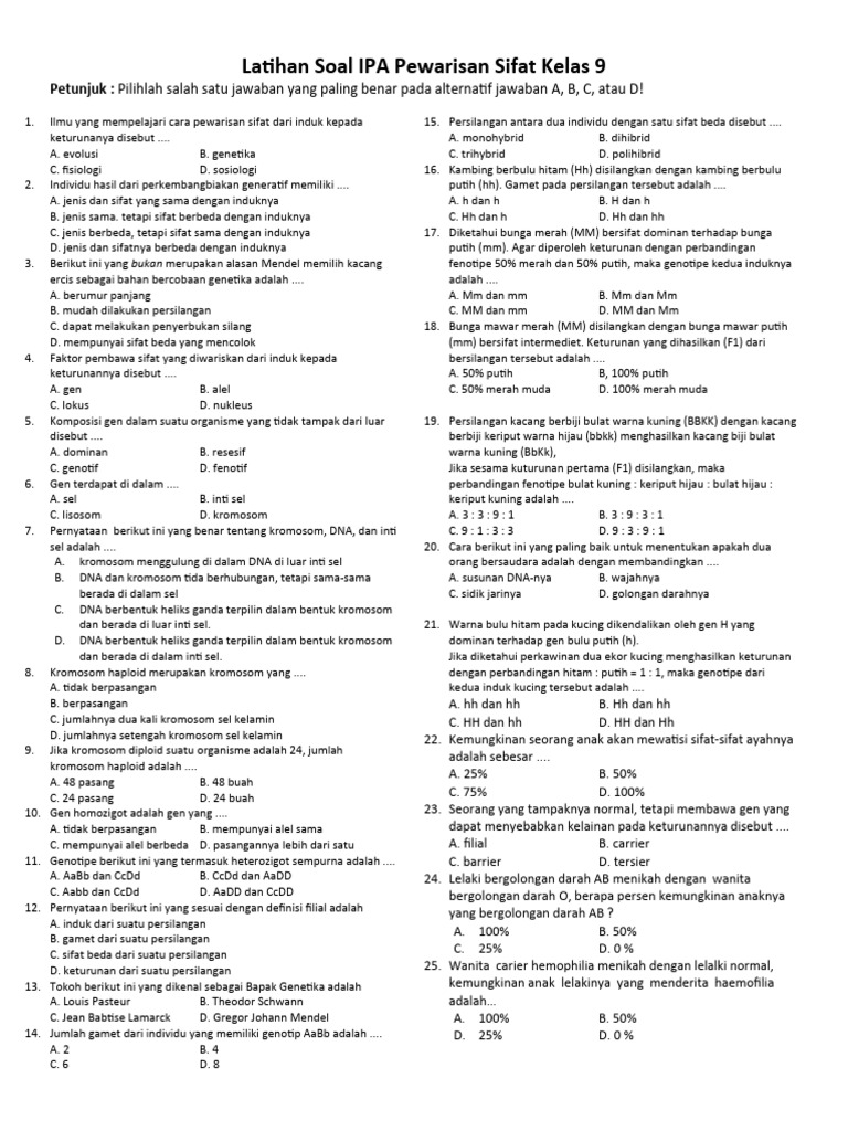 Latihan Soal IPA Pewarisan Sifat Kelas 9 SMP MTs K13 | PDF