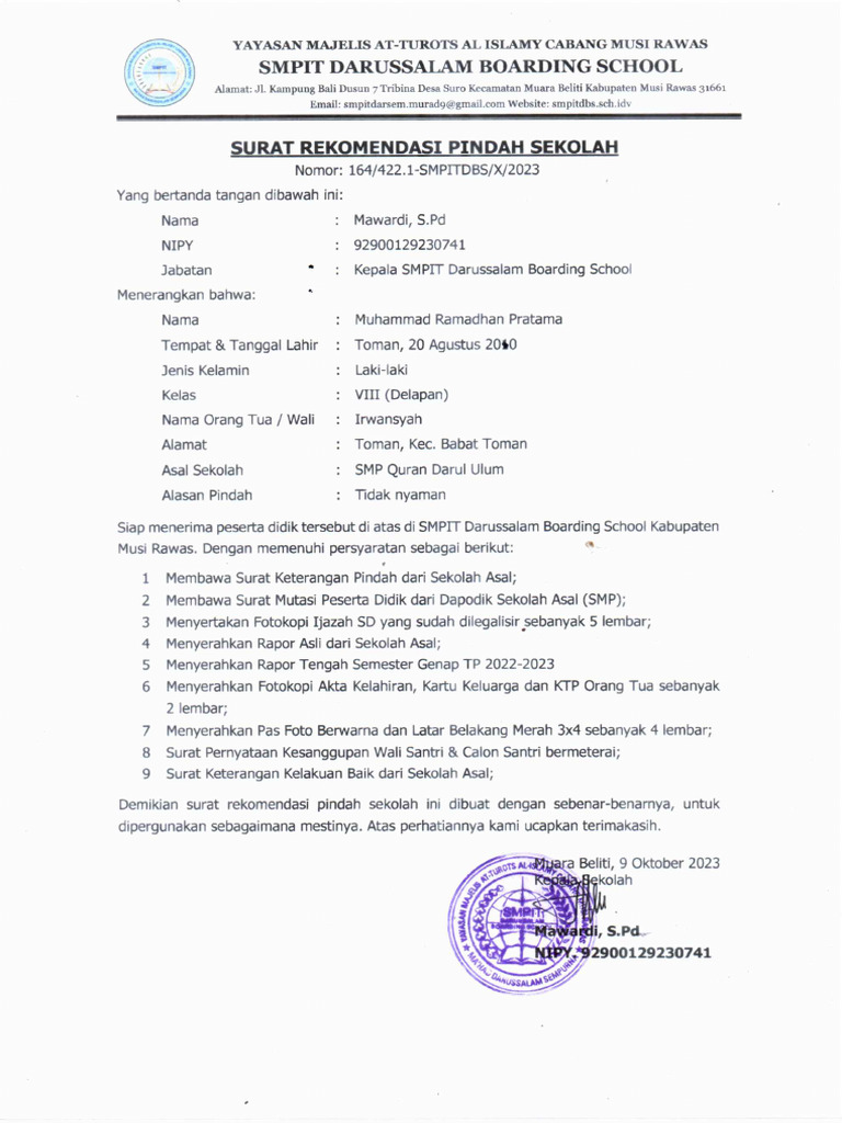 Contoh Surat Rekomendasi Pindah | PDF