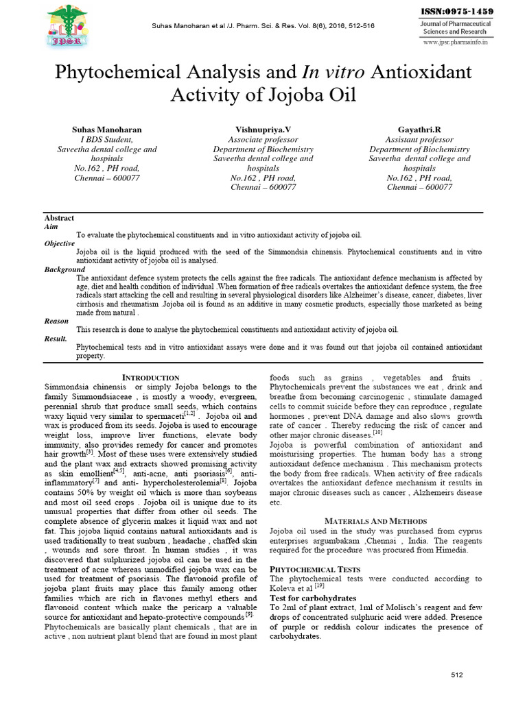 Phytochemical Analysis and in Vitro Antioxidant Activity of Jojoba Oil | PDF | Antioxidant ...