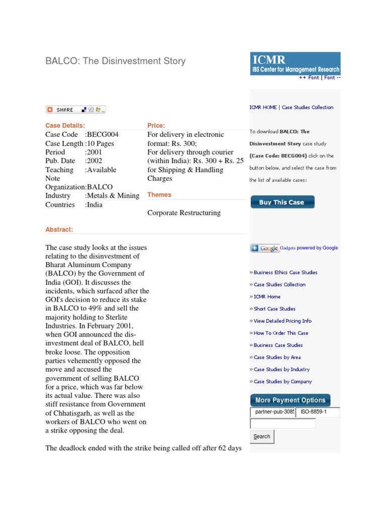 BALCO: The Disinvestment Story: Case Details: Price | PDF | Business