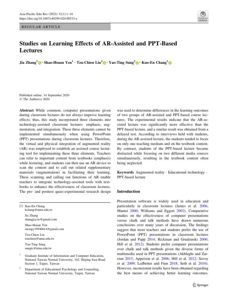 Studies On Learning Effects of AR-Assisted and PPT-Based Lectures | PDF | Analysis Of Covariance ...