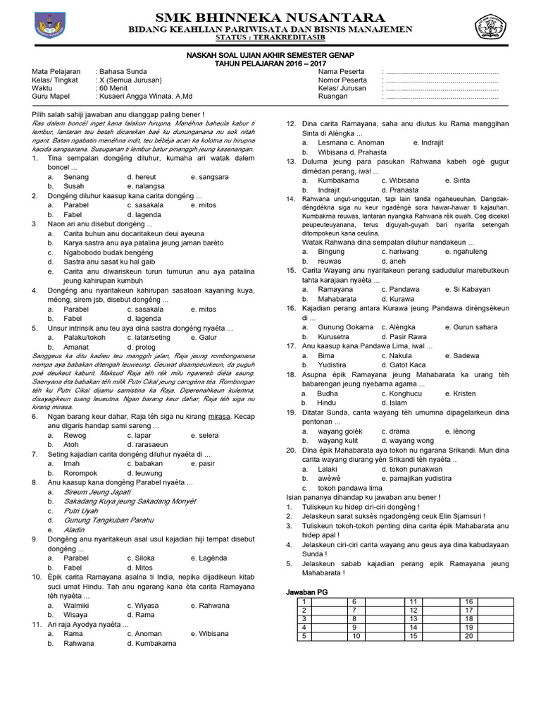 Soal B Sunda Kls X UTS Genap 2016-2017 | PDF