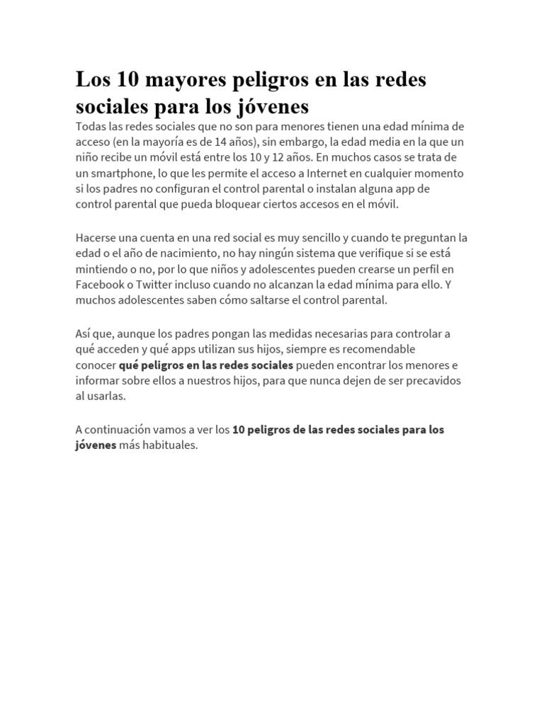 Los 10 Mayores Peligros en Las Redes Sociales Para Los Jóvenes | PDF | Servicio de redes ...