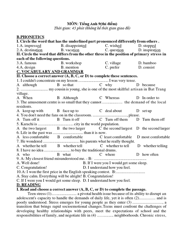 De Thi Giua HK 1 Tieng Anh 9 Thi Diem de 4 | PDF | Adolescence | Stress (Biology)
