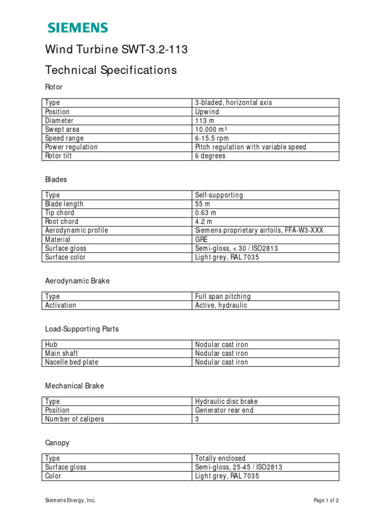 10 02 15 Sec 2015 02 Appendix 5 SWT 3 2 113 Technical Specifications r1 | PDF | Wind Turbine ...