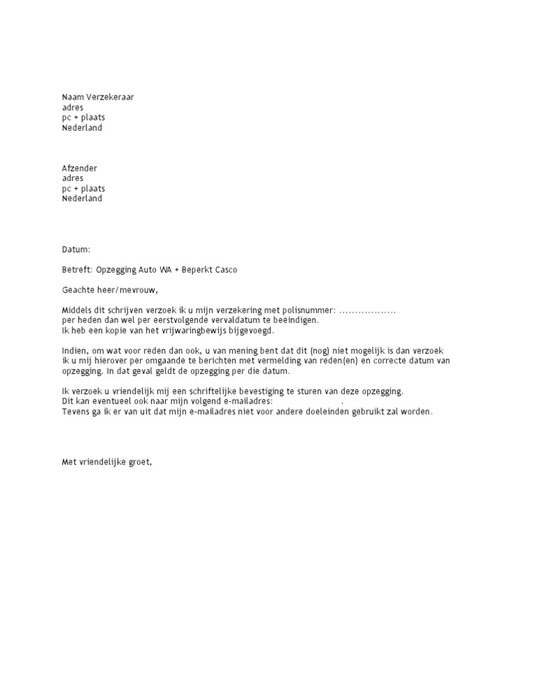 Voorbeeldbrief Opzeggen Autoverzekering | PDF
