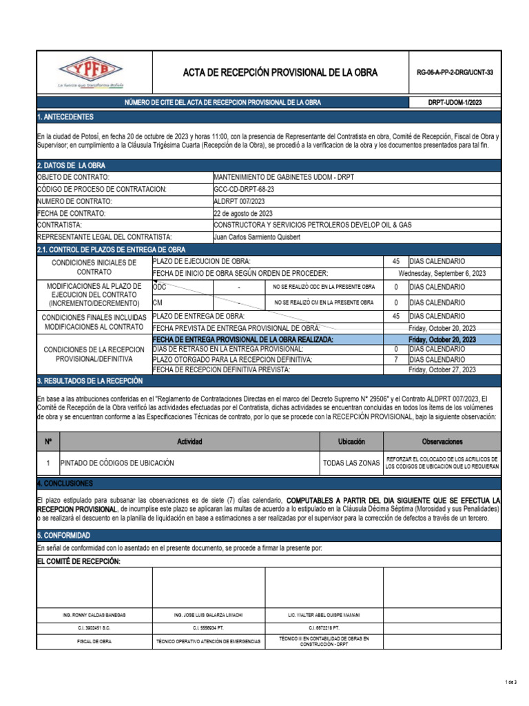 Acta de Recepcion Provisional | PDF