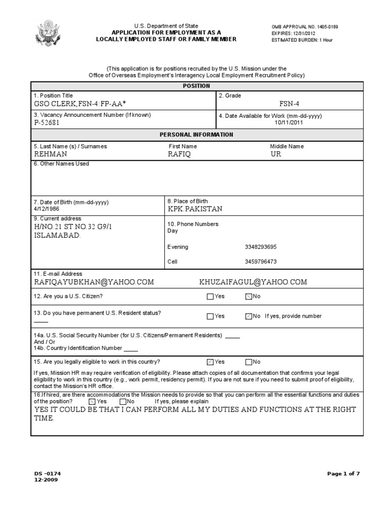 Ds 174 Application Form | PDF | Diploma | Employment