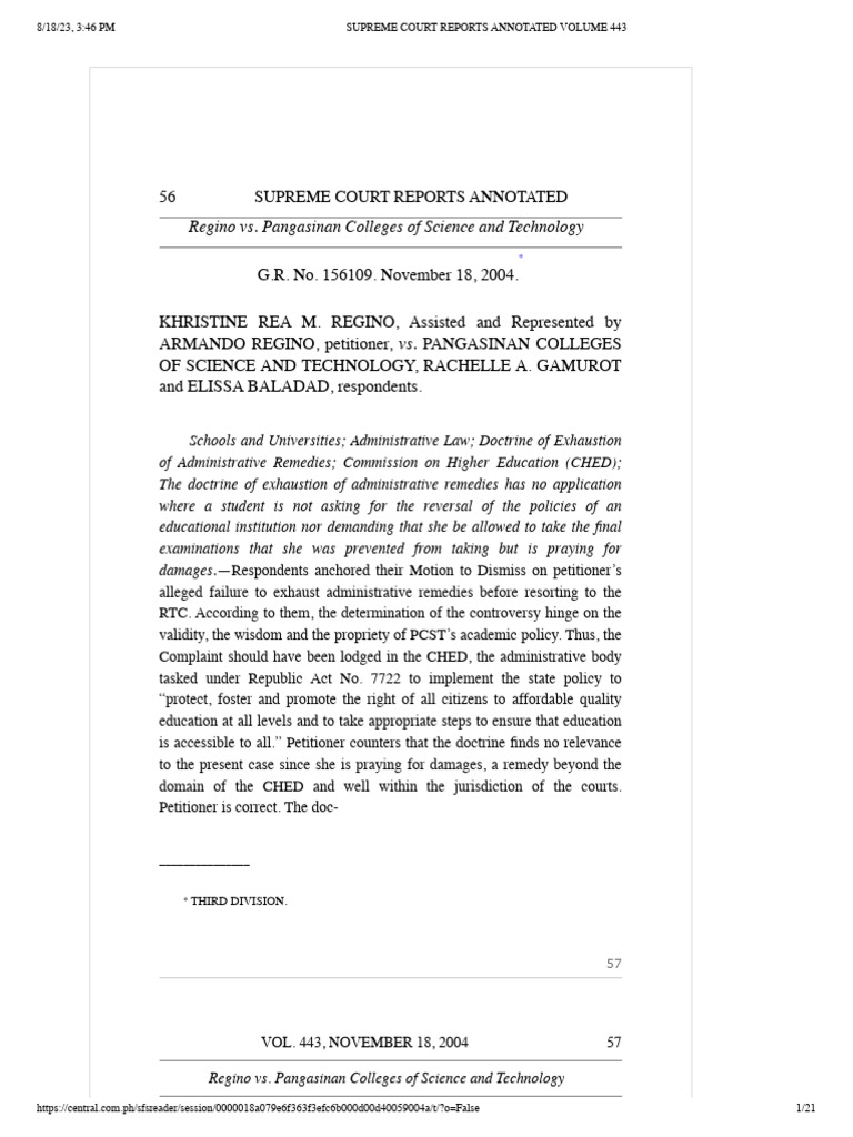 Regino vs. Pangasinan Colleges of Science and Technology, 443 SCRA 56 ...