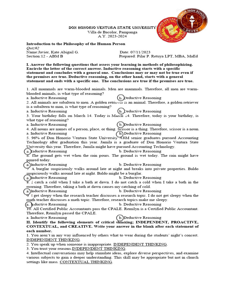 Philosophy Quiz 2 Pdf Reason Inductive Reasoning