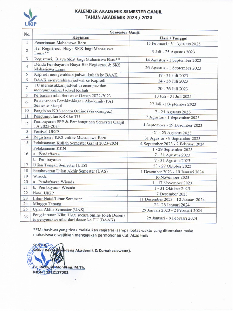 KALENDER AKADEMIK UKiP GANJIL 2023-2024 | PDF
