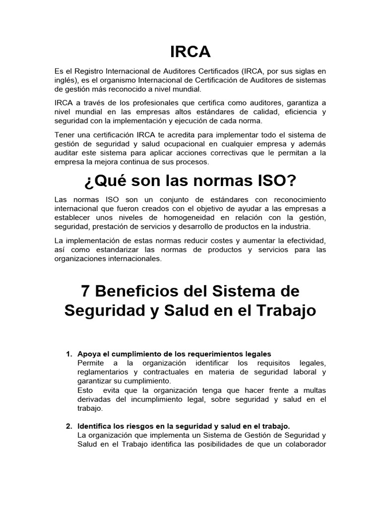 IRCA y Normas ISO | PDF | Seguridad y salud ocupacional | Business