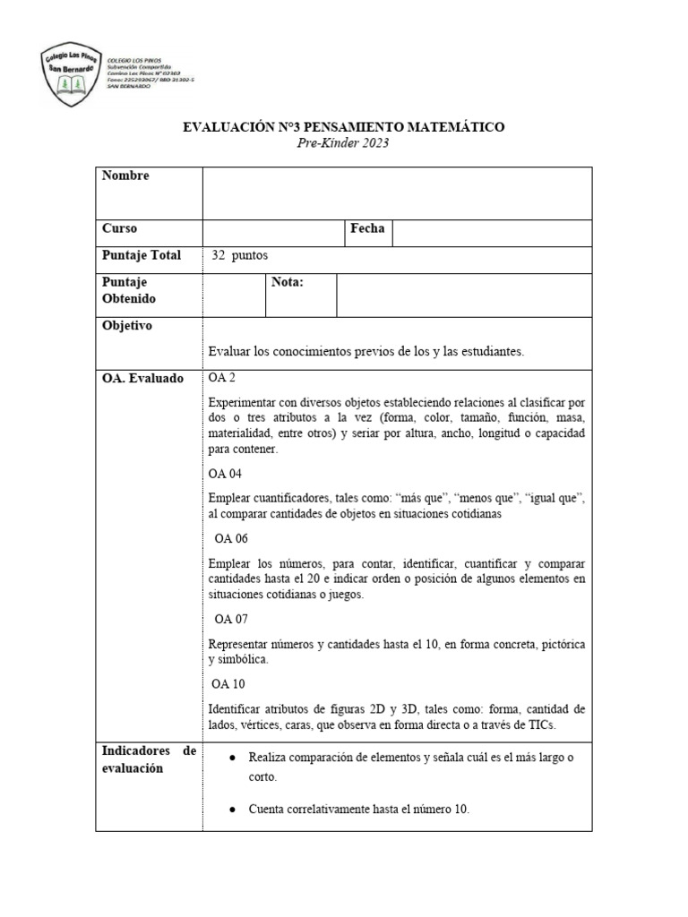 Ev N 4 Pensamiento Matem tico Pre K nder 2023 PDF Color Matem ticas