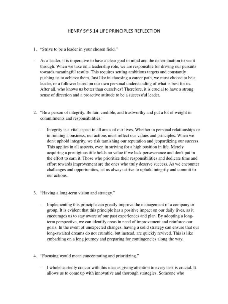 Lesson 6_Henry Sy's 14 Principles in Life_Reflection | PDF ...