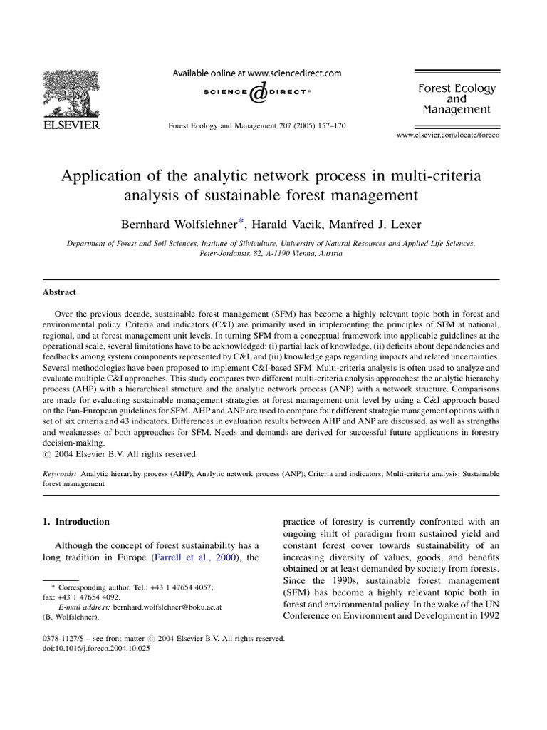 Application Of The Analytic Network Process In Multi Criteria Analysis Of Sustainable Forest 