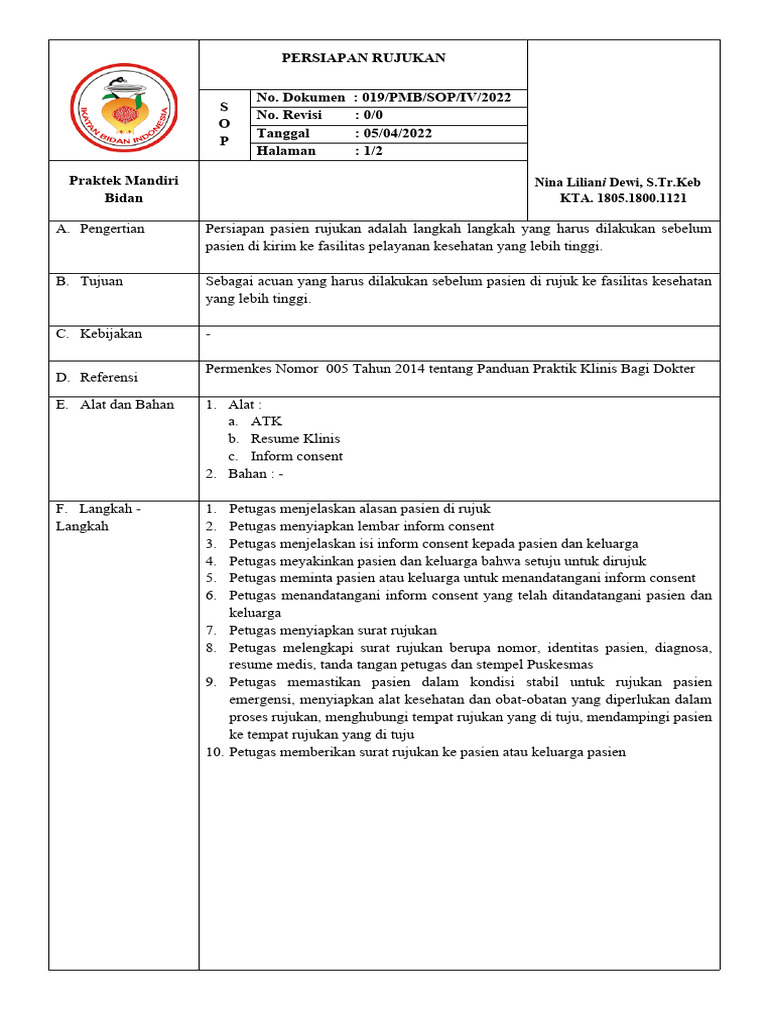 Sop Persiapan Rujukan | PDF