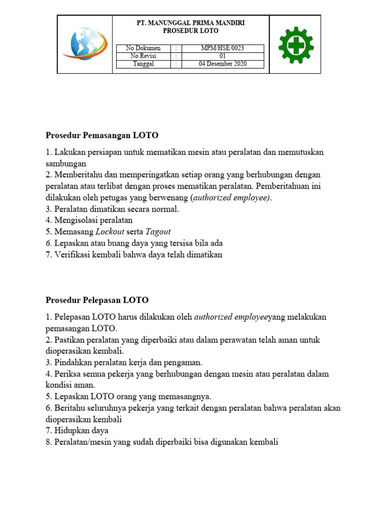 23.prosedur LOTO | PDF 23.prosedur LOTO | PDF