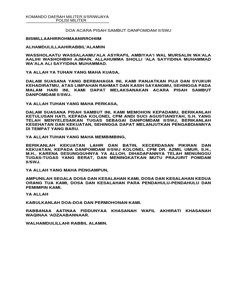 DOA PISAH SAMBUT DANPOMDAM | PDF