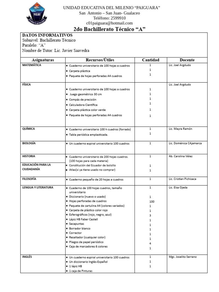 Lista de Útiles 2BT | PDF