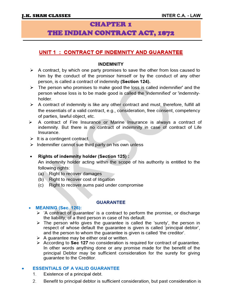 Contract Of Indemnity And Guarantee Notes Pdf Guarantee Indemnity