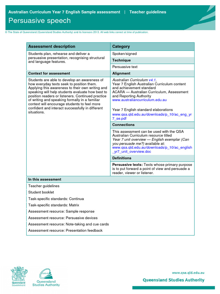 Year 7 English Persuasive Speech Guide | PDF | Rhetoric | Curriculum