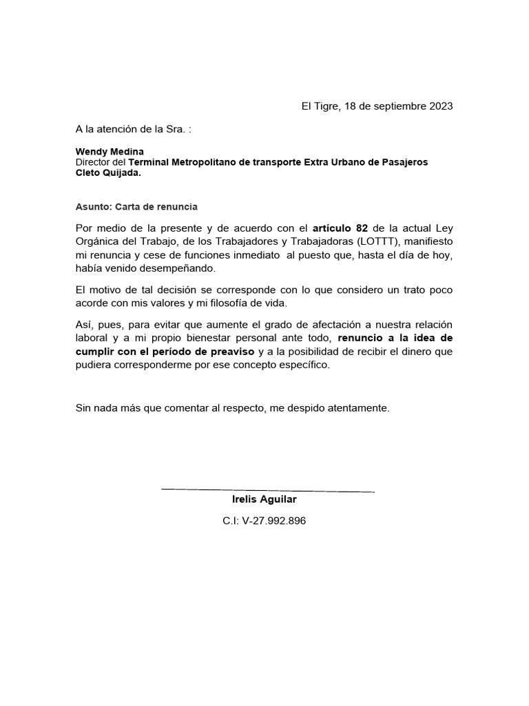 1 7 Modelo de Carta de Renuncia Venezuela 54 | PDF