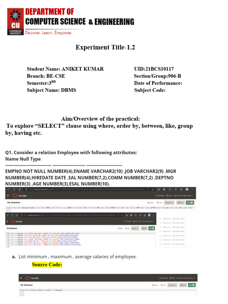 Dbms Worksheet 1.2 - Updated | Download Free PDF | Databases | Cybernetics