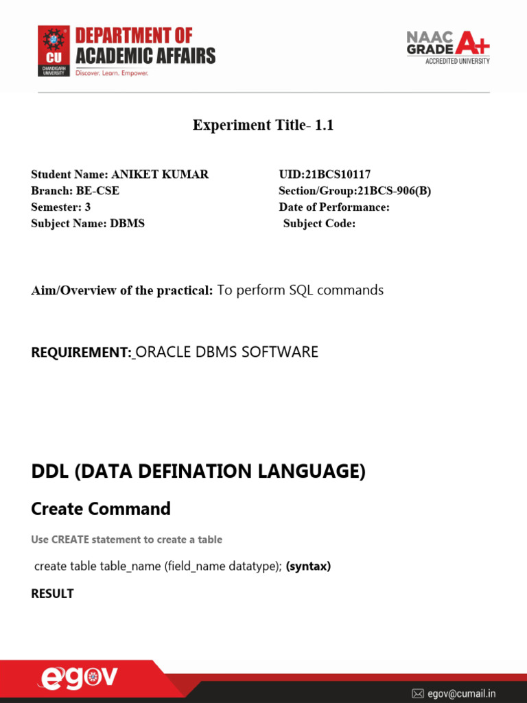 DBMS Worksheet - 21BCS10117 | PDF | Sql | Information Technology Management