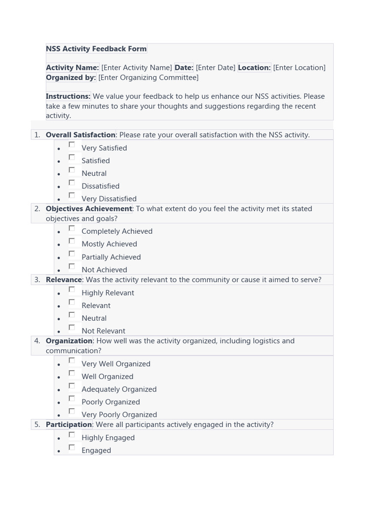 NSS Activity Feedback Form | PDF