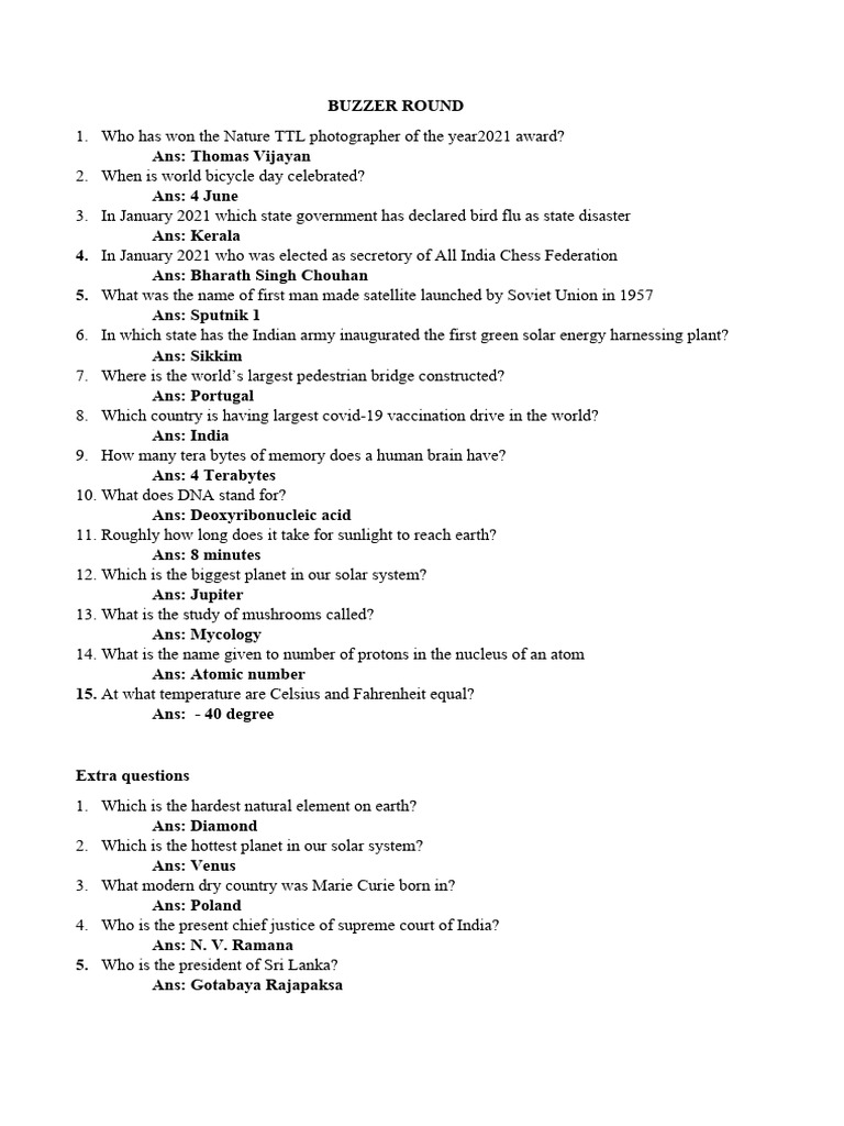 BUZZER ROUND Quiz | PDF