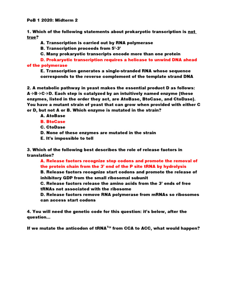 2020 Midterm 2 Questions W Answers | PDF | Genetic Code | Gene